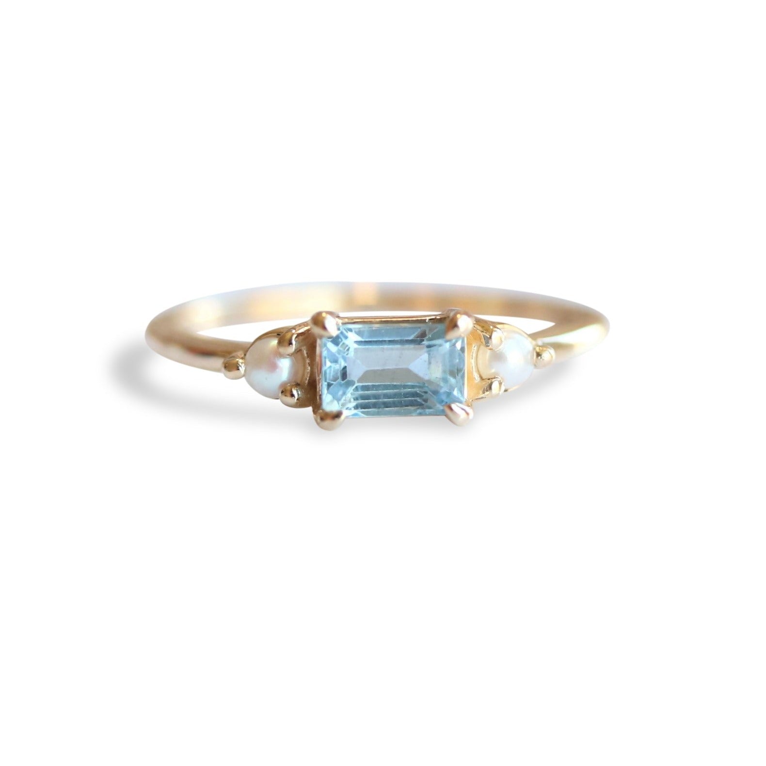 EVA 14K Side Stone Emerald Cut Aquamarine Pearl East West Ring Emi Conner Jewelry